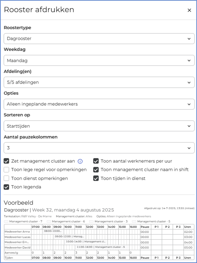 Rooster - Printbaar dagrooster – Klantportaal R&R WFM
